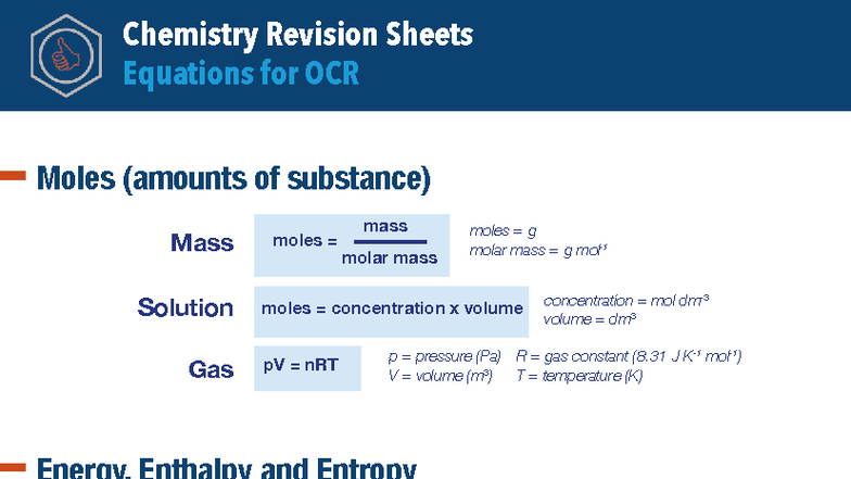 Chemistry Revision Sheets: Equations for OCR (Moles, Energy ...