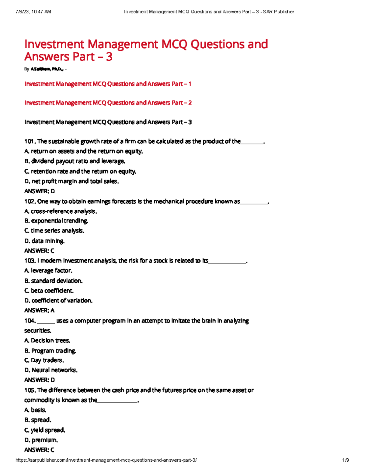 Investment Management MCQ Questions and Answers Part – 3 - SAR ...