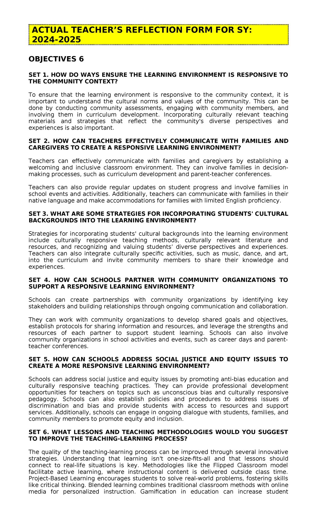 ACTUAL TEACHER REFLECTION FORM FOR SY 2024-2025: STRATEGIES FOR ...