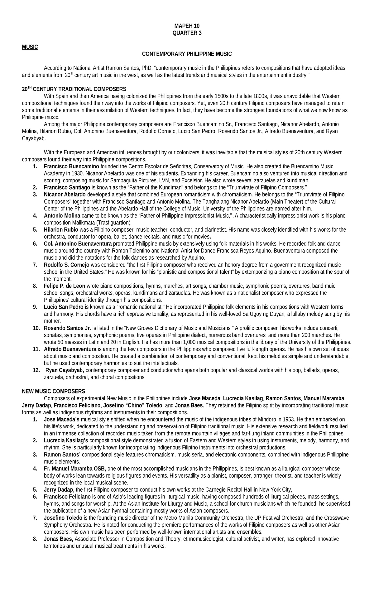 MAPEH 10 Q3: Contemporary Philippine Music and Arts Overview - Studocu