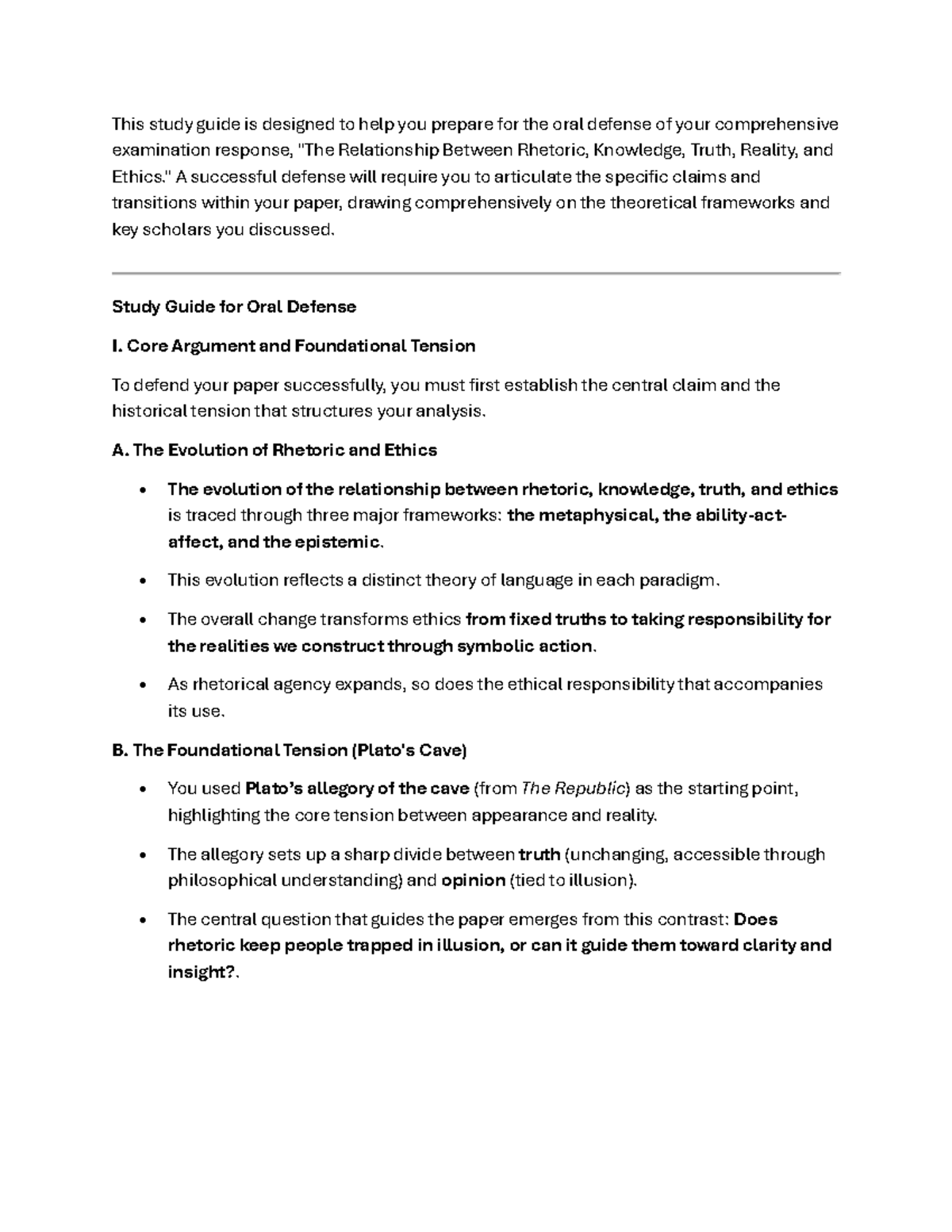 Study Guide for Oral Defense: Rhetoric, Knowledge, and Ethics (COMP ...