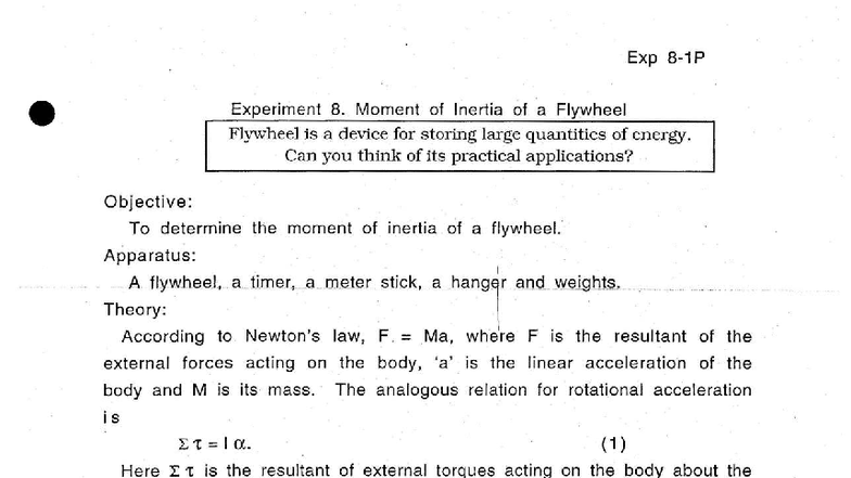 Exp 08: Moment of Inertia of a Flywheel - Experiment Details - Studocu