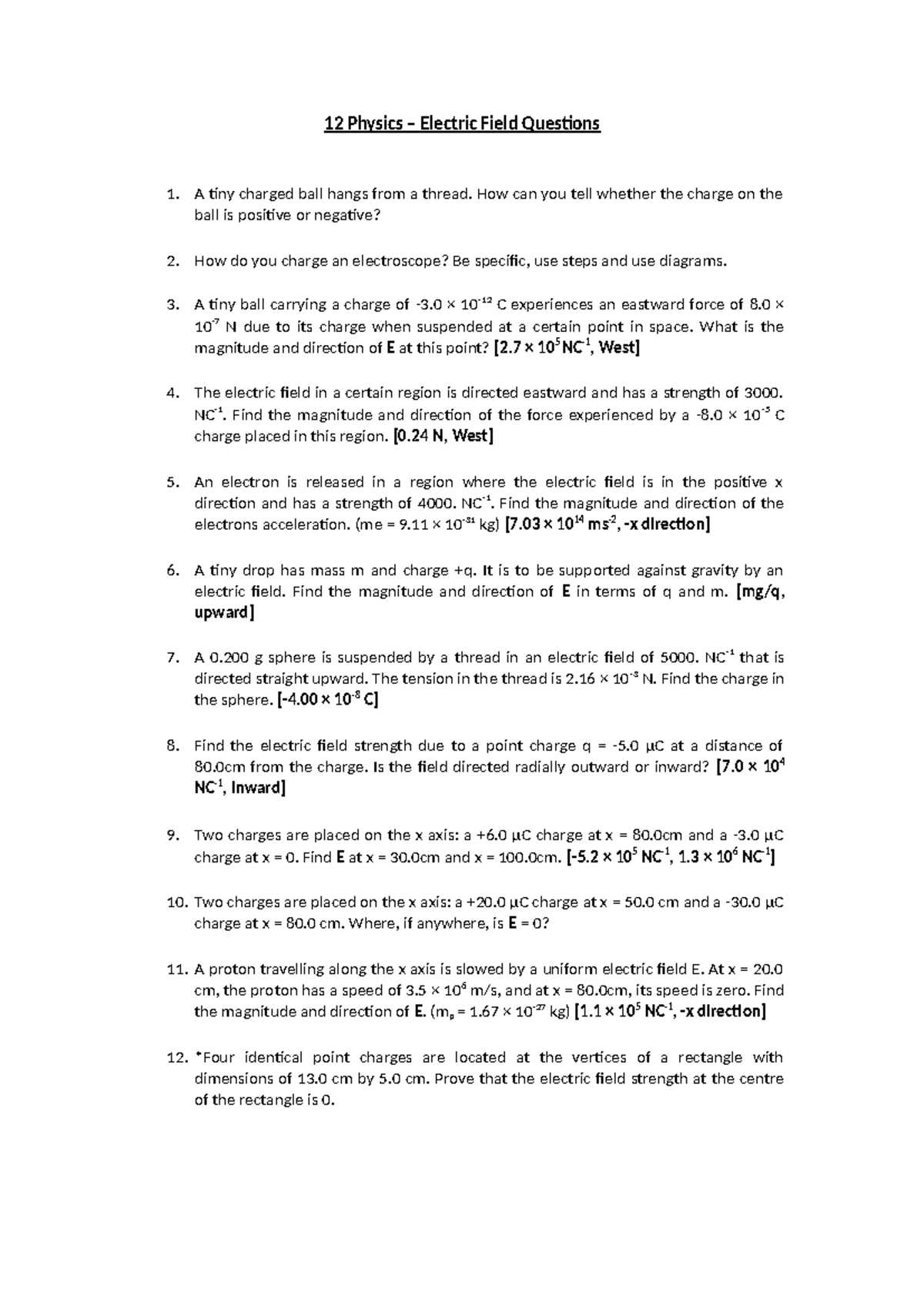 Year 12 Physics - Electric Field Questions and Solutions - Studocu