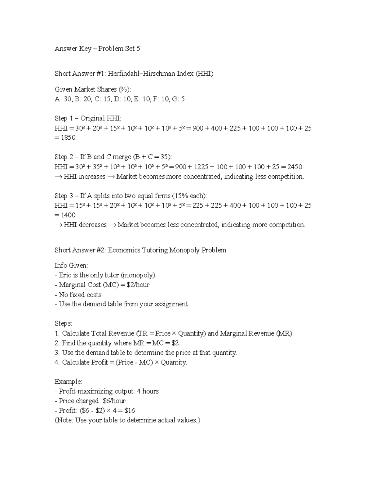 Answer Key for ECON4 Problem Set 5: HHI & Monopoly Analysis - Studocu
