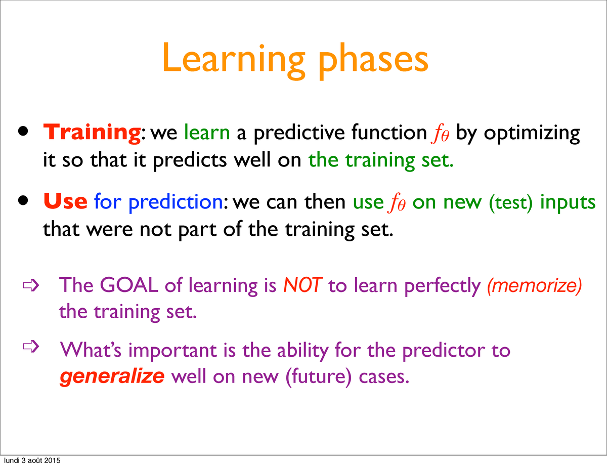 Machine Learning Recap Part II - Learning phases Training: we learn a ...