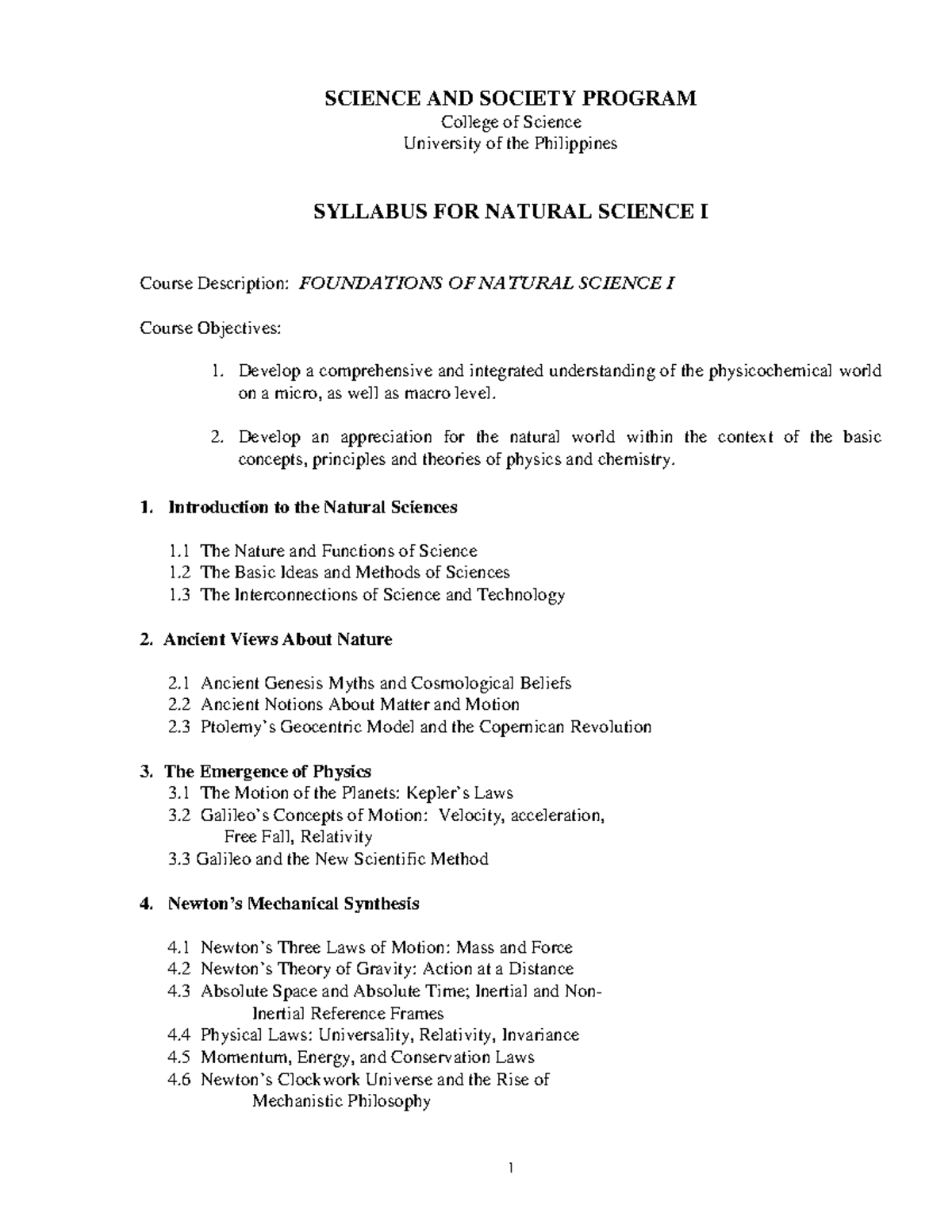 NATURAL SCIENCE I SYLLABUS (SCI 1) - University of the Philippines - Studocu