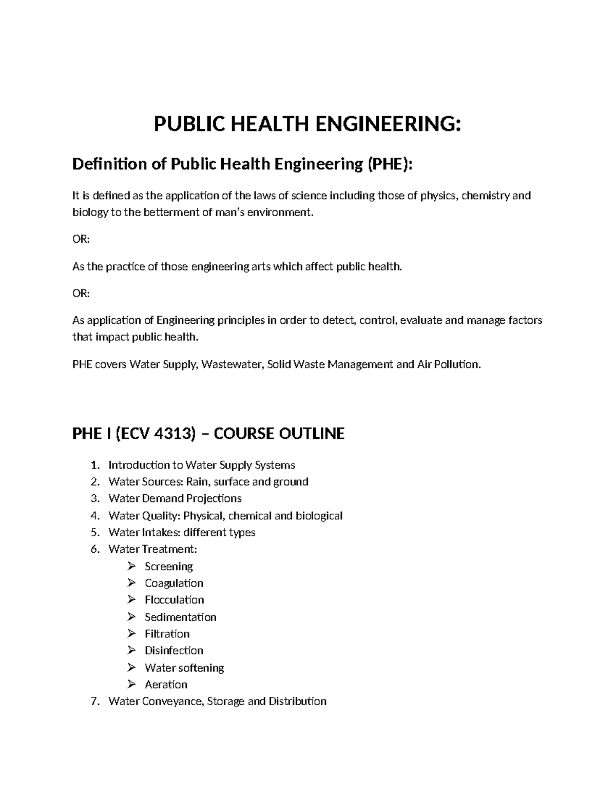 PHE I (ECV 4313) - Lecture Notes on Water Sources and Treatment - Studocu