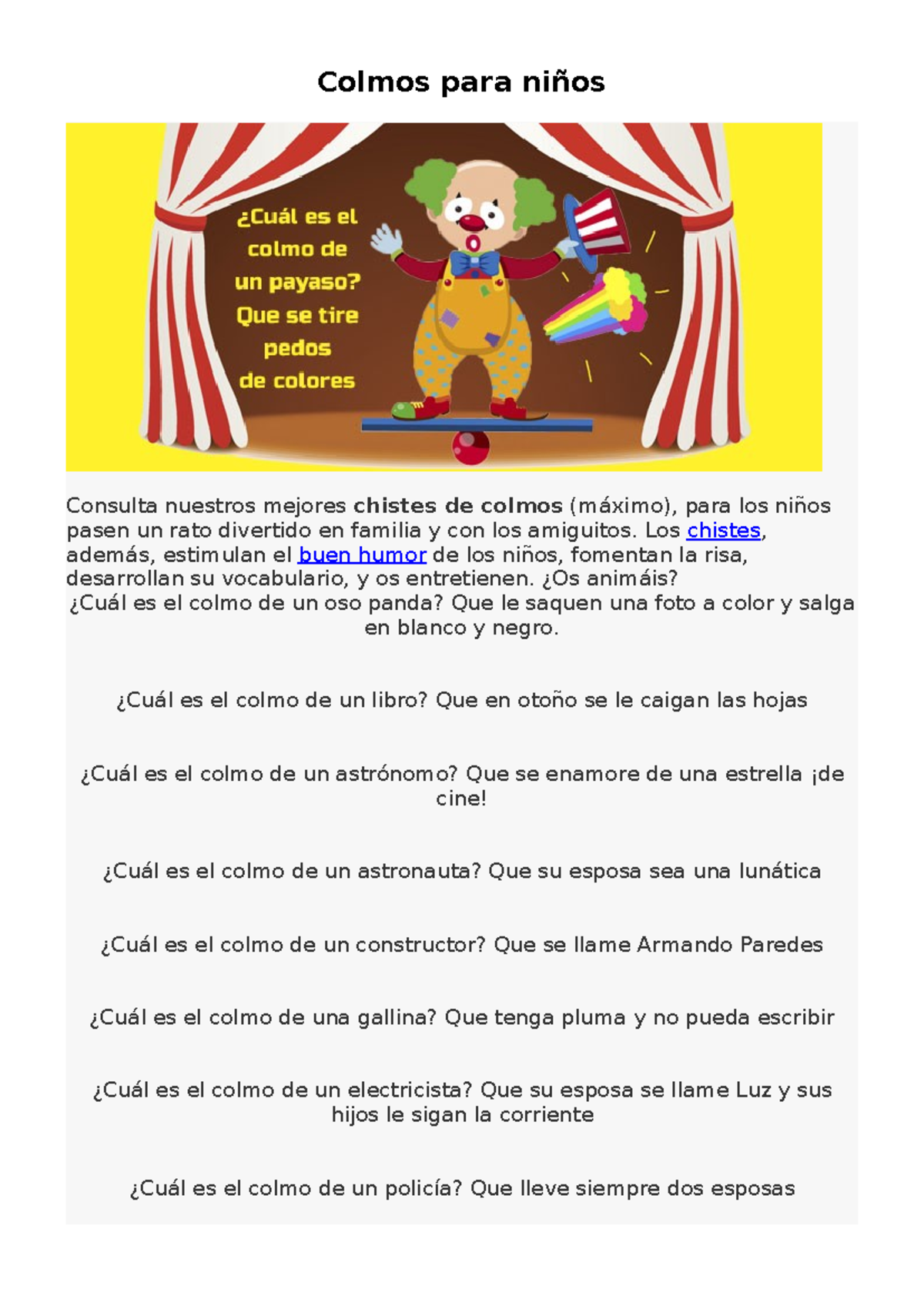 Colmos para Niños: Chistes Divertidos para Leer y Reír - Studocu