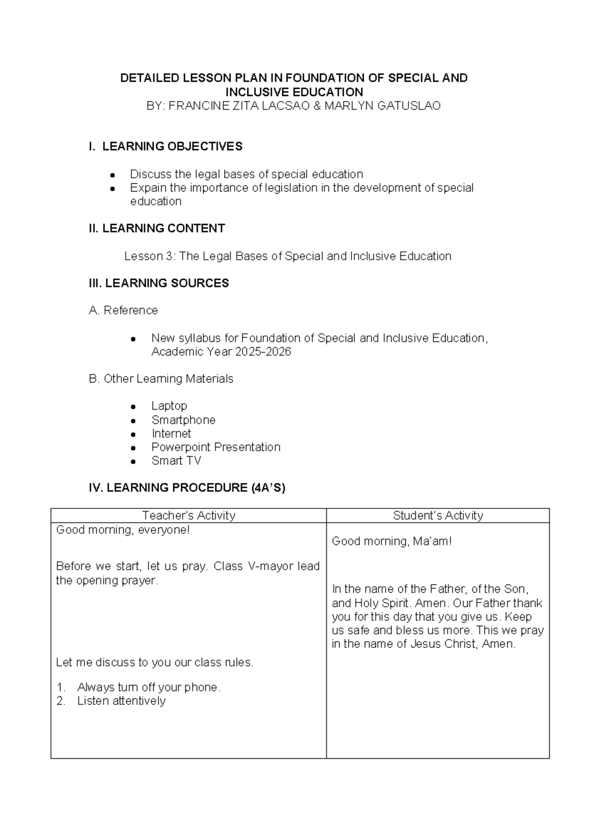 Detailed Lesson Plan: Legal Bases of Special & Inclusive Ed. (FSE 101 ...