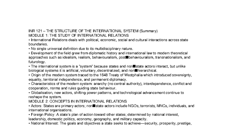 INR 121 Summary: The Structure of the International System - Studocu