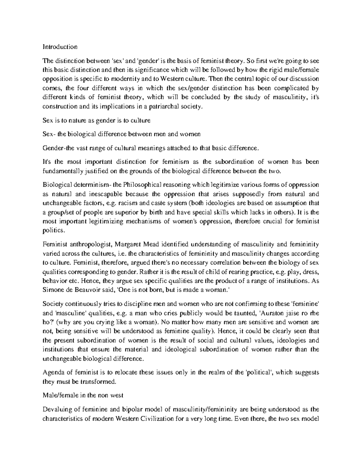 historical materialism - Introduction The distinction between 'sex' and ...