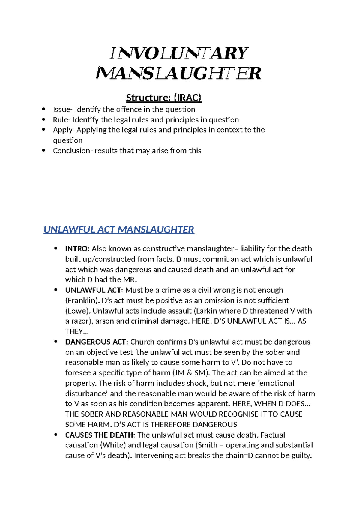 Involuntary Manslaughter Analysis: Unlawful Act & Gross Negligence ...