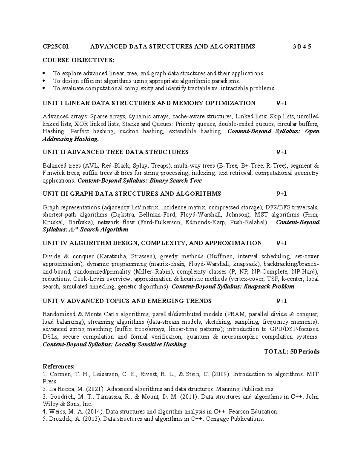 CP25C01 Advanced Data Structures & Algorithms Syllabus - Studocu