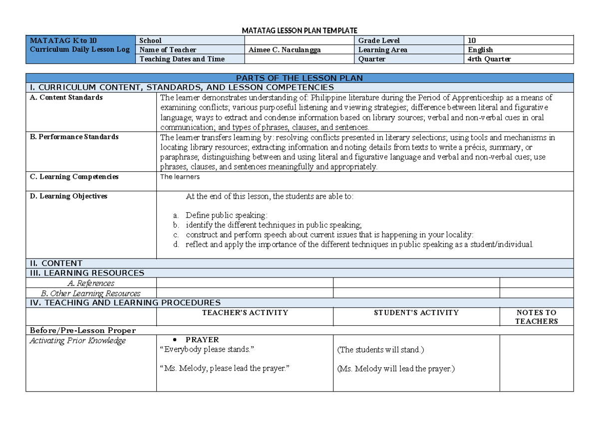 Matatag Lesson Plan for Grade 10 - English Curriculum Guide - Studocu
