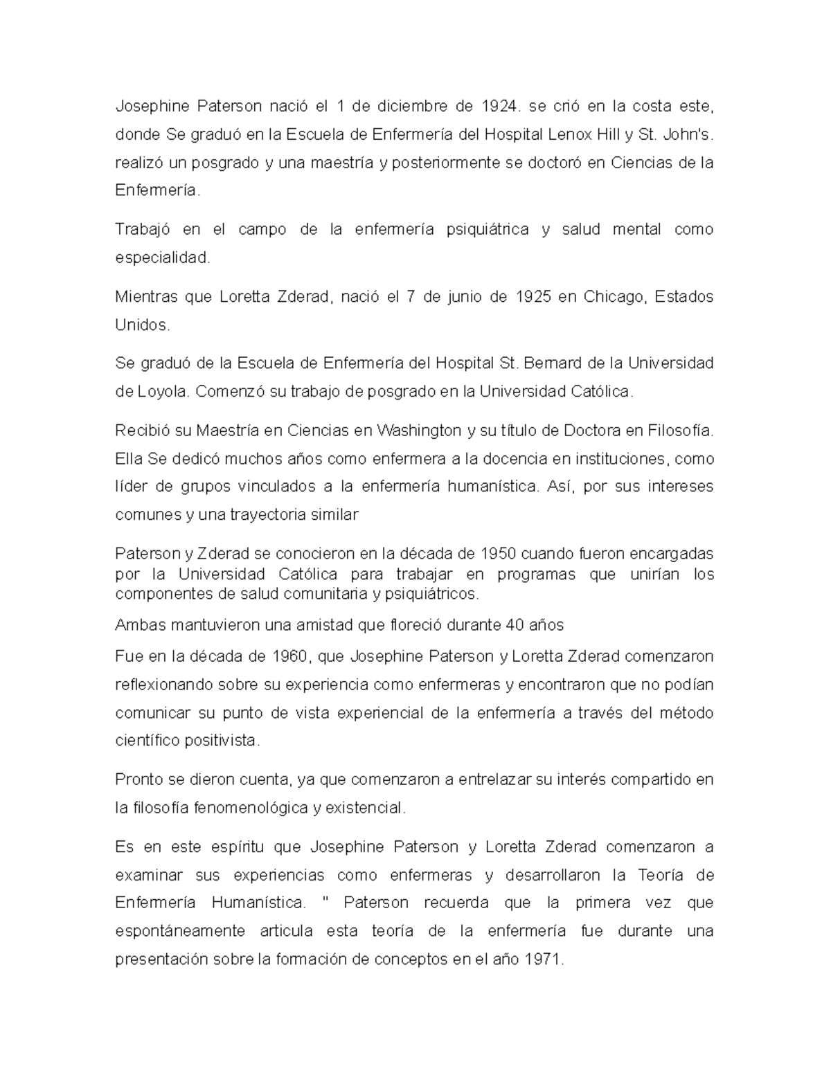 Teoría de Enfermería Humanística de Paterson y Zderad (1971) - Studocu