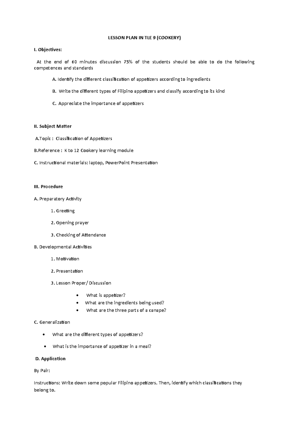 TLE 9 Lesson Plan: Classification of Filipino Appetizers - Studocu