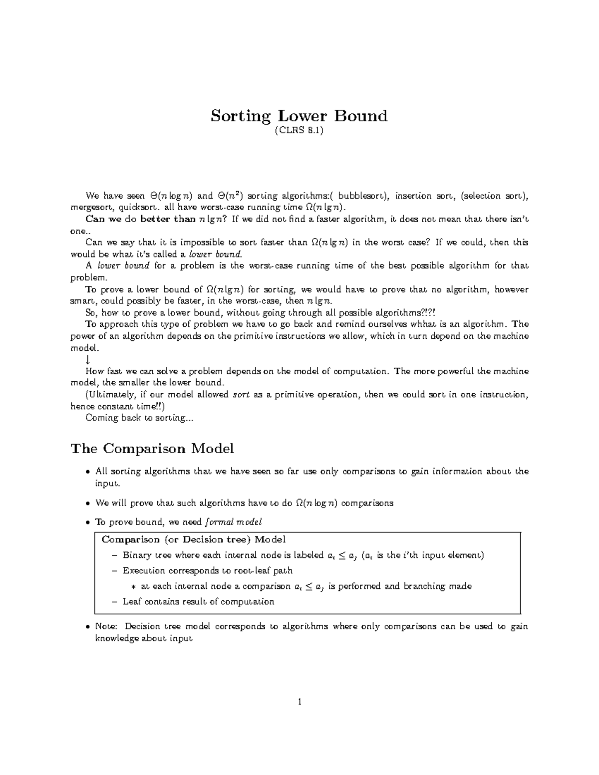 Proof of Lower Bound for Sorting Algorithms (CLRS 8.1) - Studocu