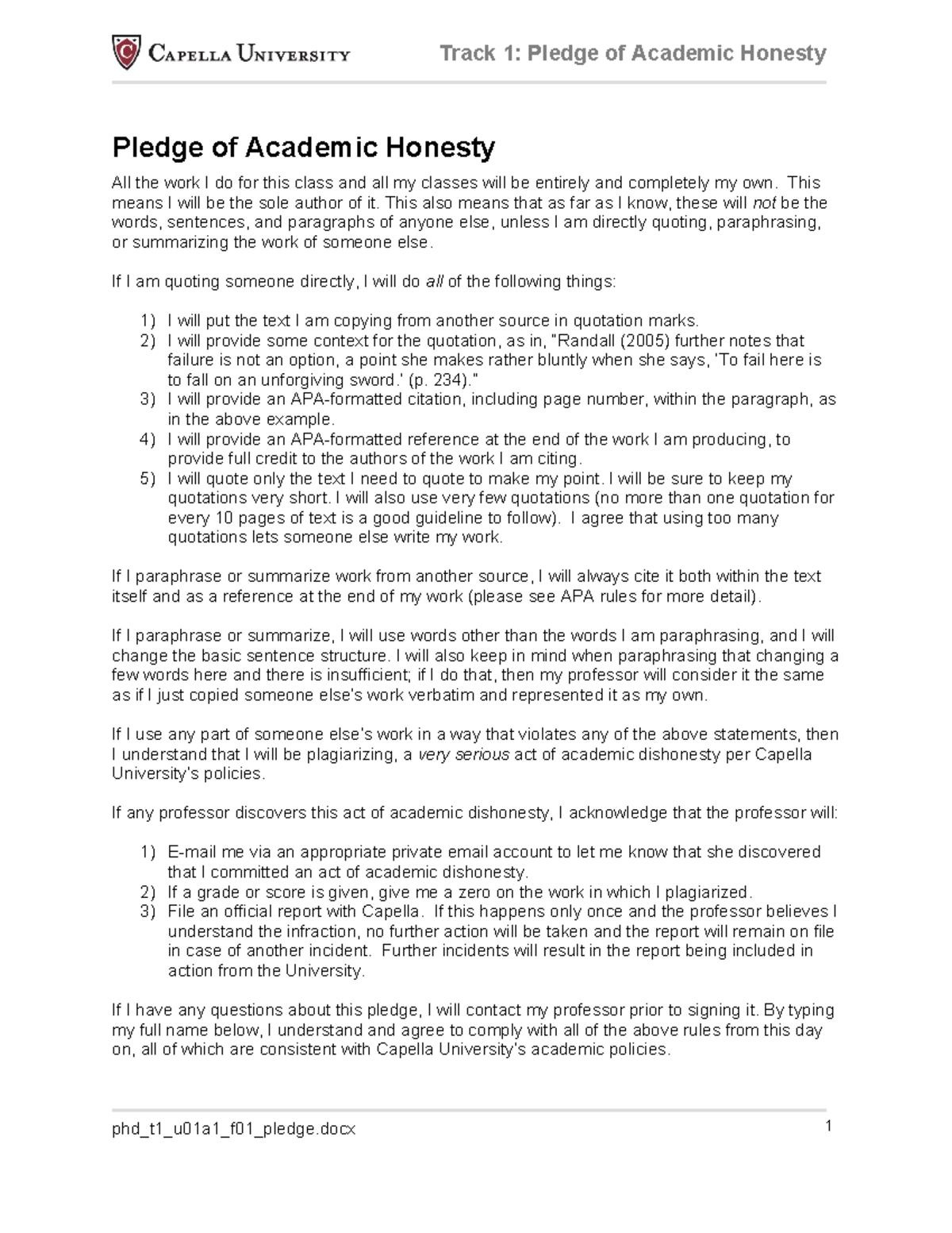 PhD T1 U01A1 F01: Pledge of Academic Honesty Guidelines - Studocu