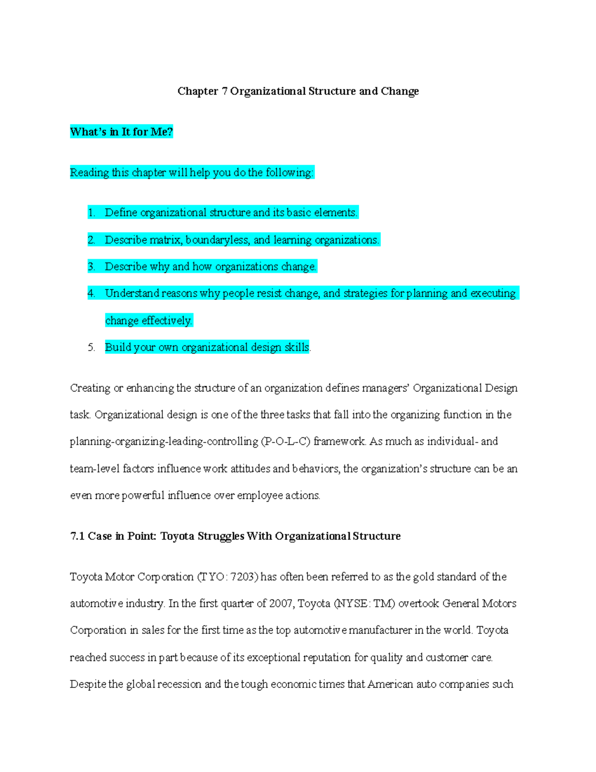 Chapter 7 Organizational Structure and Change - Describe matrix ...