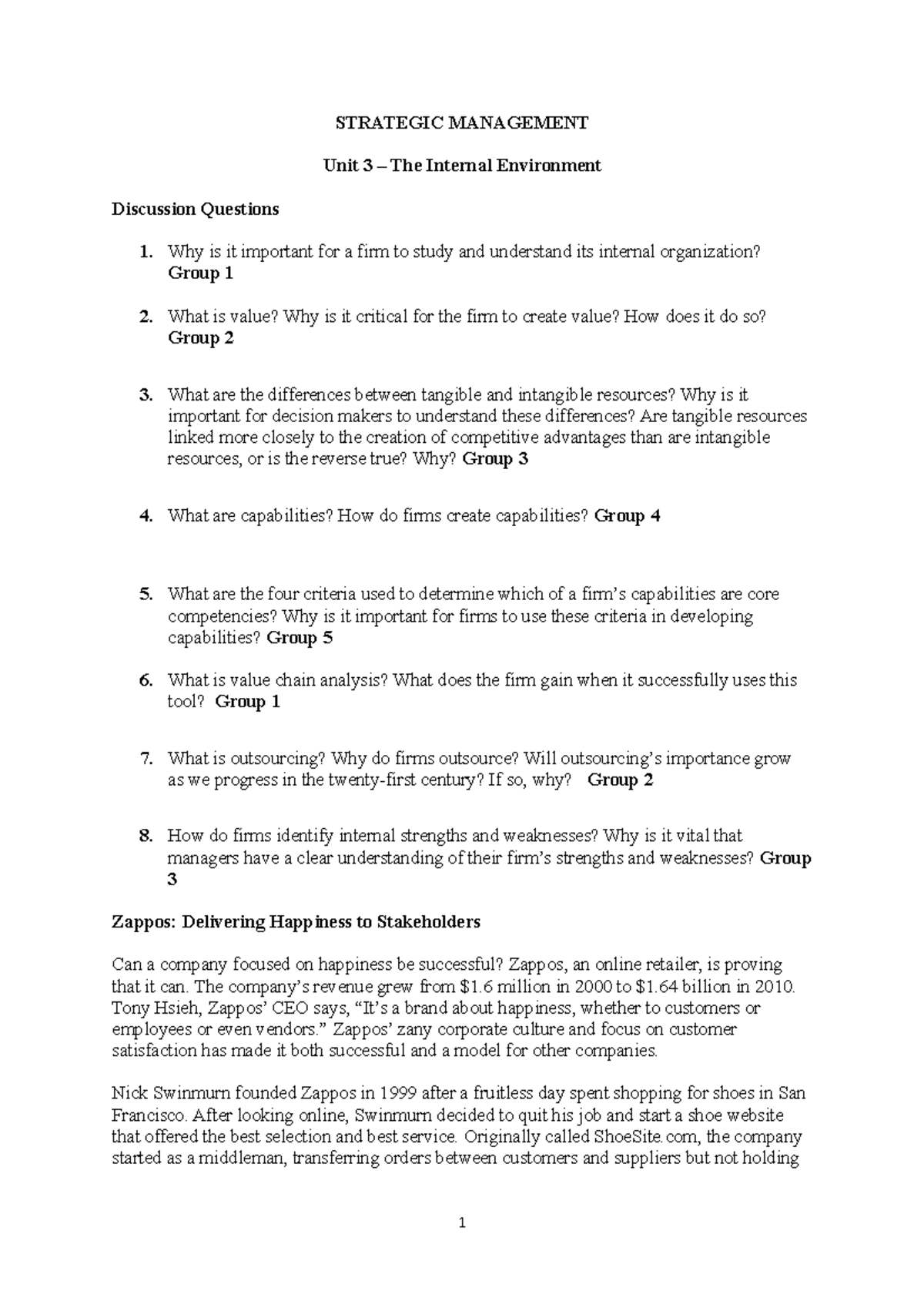 Unit 3 - Tutorial Sheet - STRATEGIC MANAGEMENT Unit 3 – The Internal ...