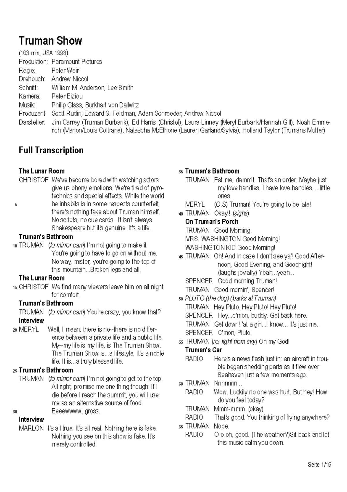 Truman Show Full Transcription (Film Analysis) - Studocu