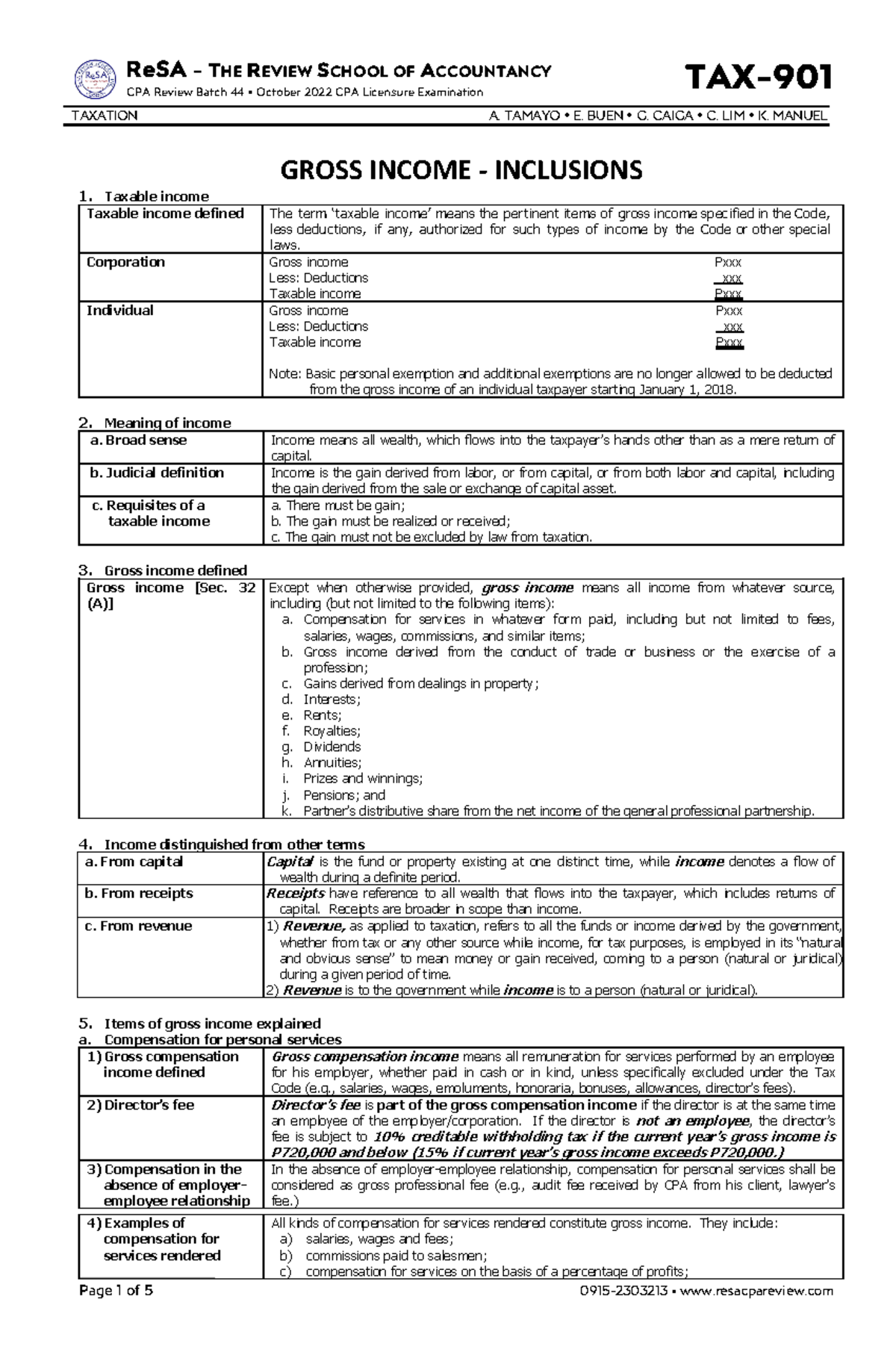 TAX-901 Gross Income Inclusions and Taxable Income Overview - Studocu