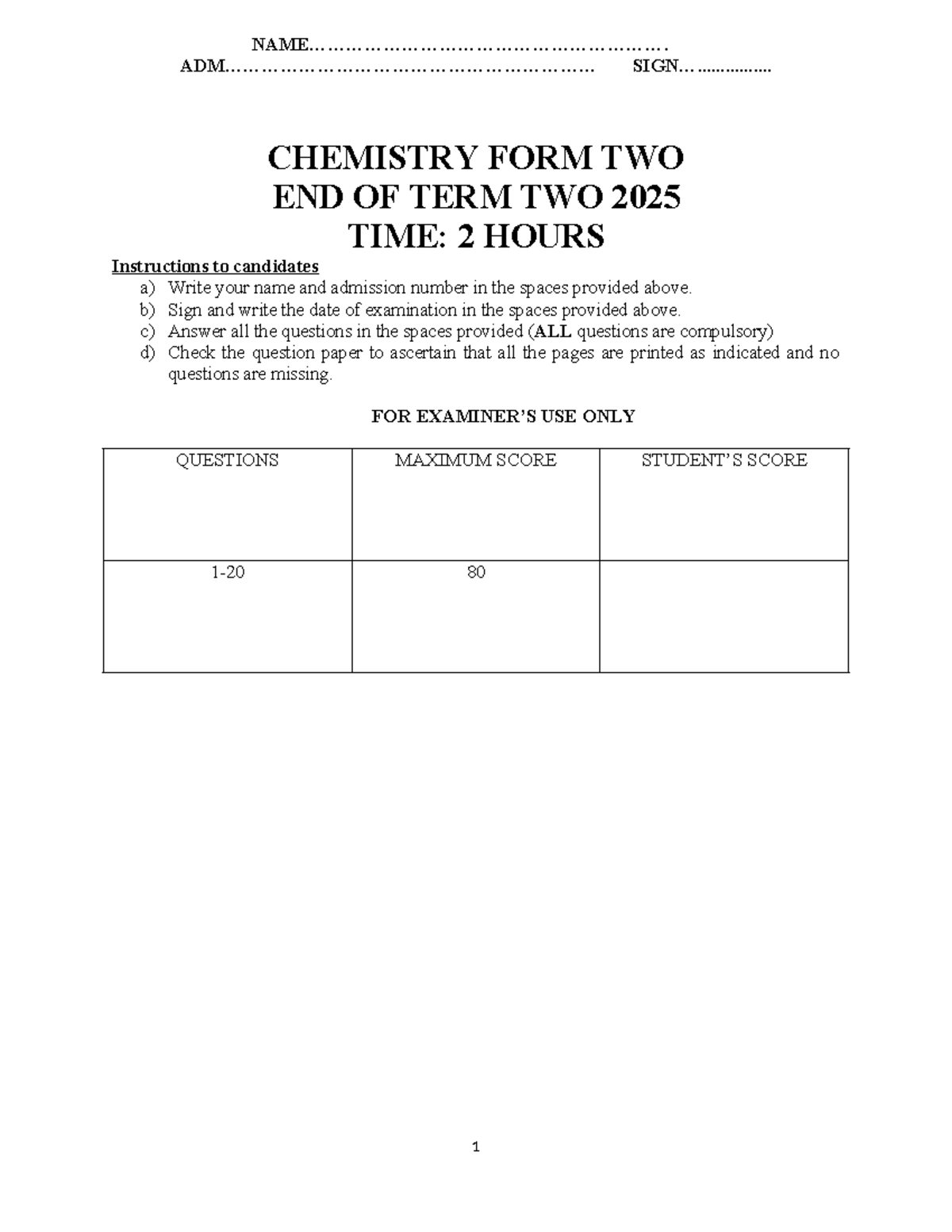 F2 CHEMISTRY END OF TERM TWO EXAM QUESTIONS 2025 - Studocu