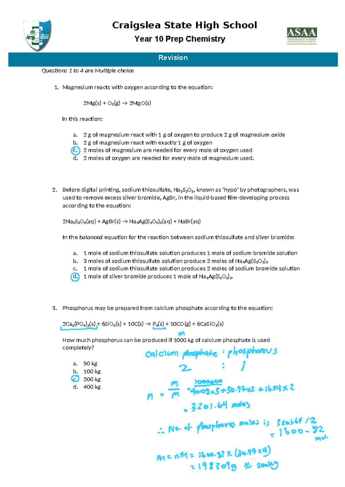 Chem Year 10 Revision Questions for Term 3 & 4 - Studocu