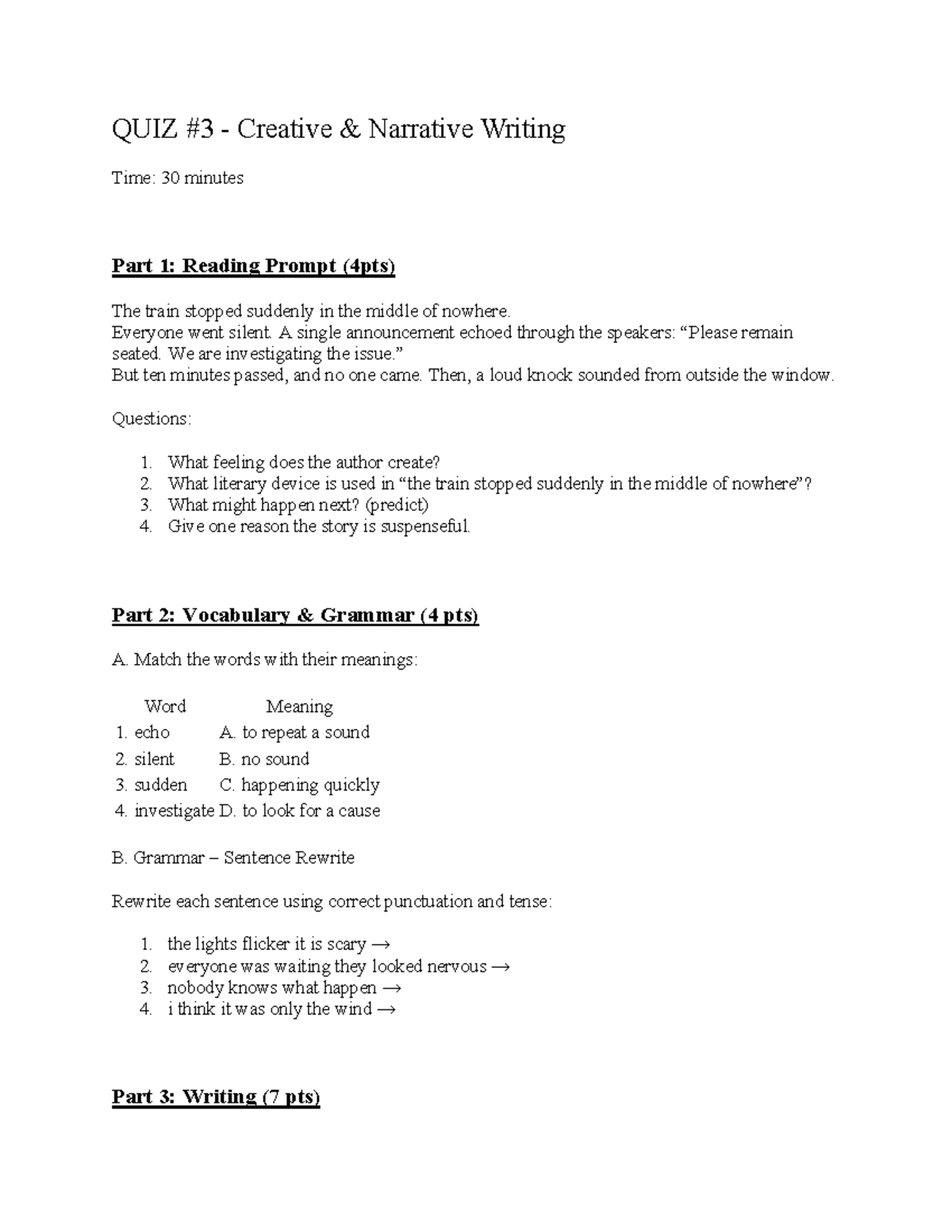QUIZ #3: Creative Narrative Writing & Vocabulary Grammar - Studocu