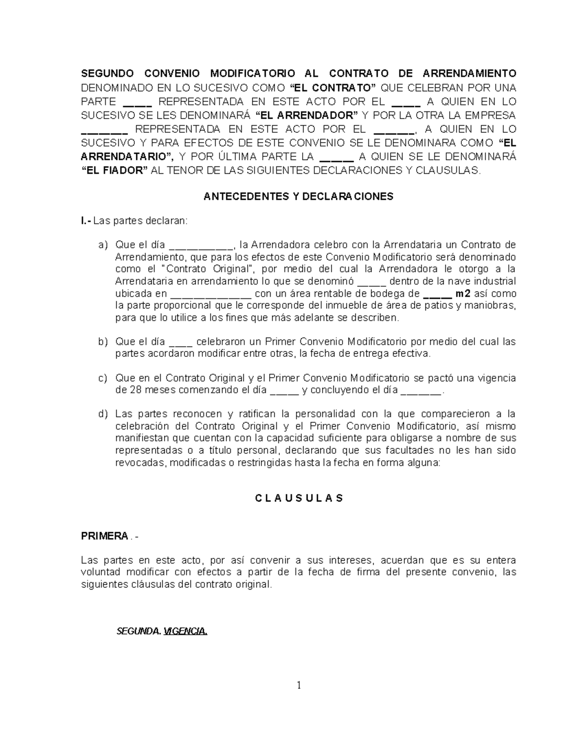 Segundo Convenio Modificatorio al Contrato de Arrendamiento - Ejemplo ...