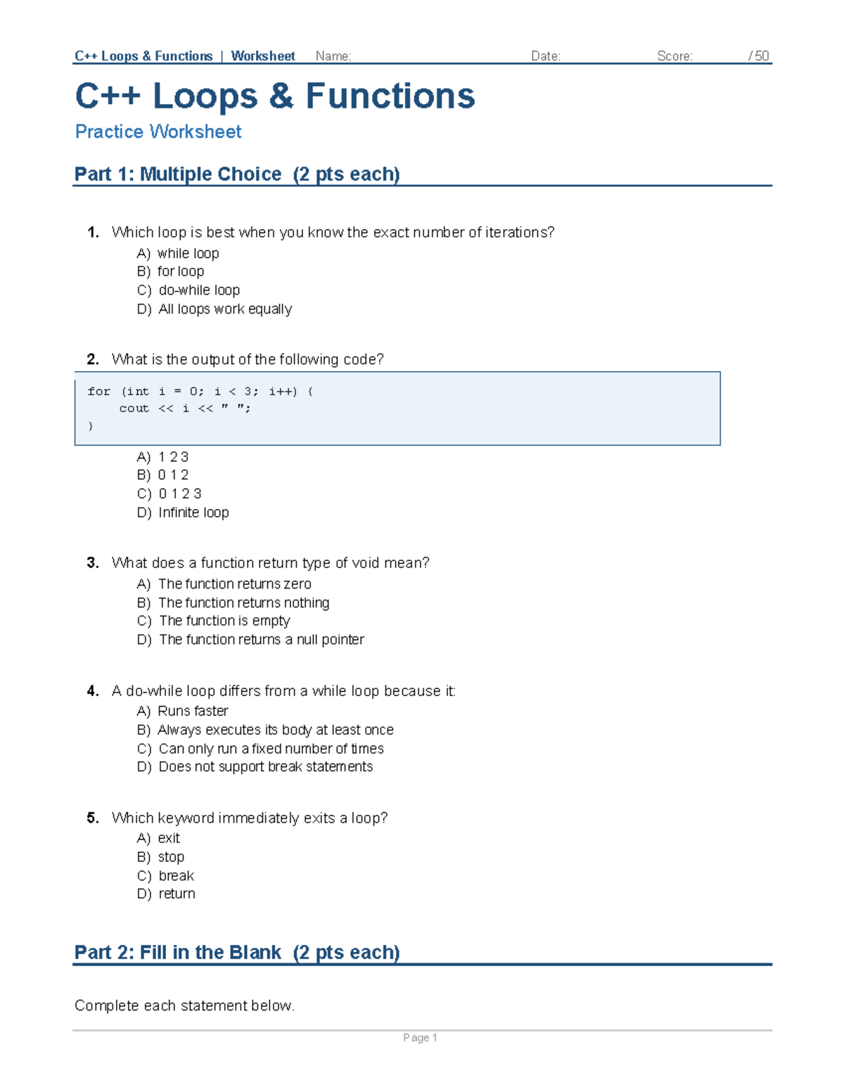 Cpp Loops Functions Worksheet: Practice & Code Tracing - Studocu