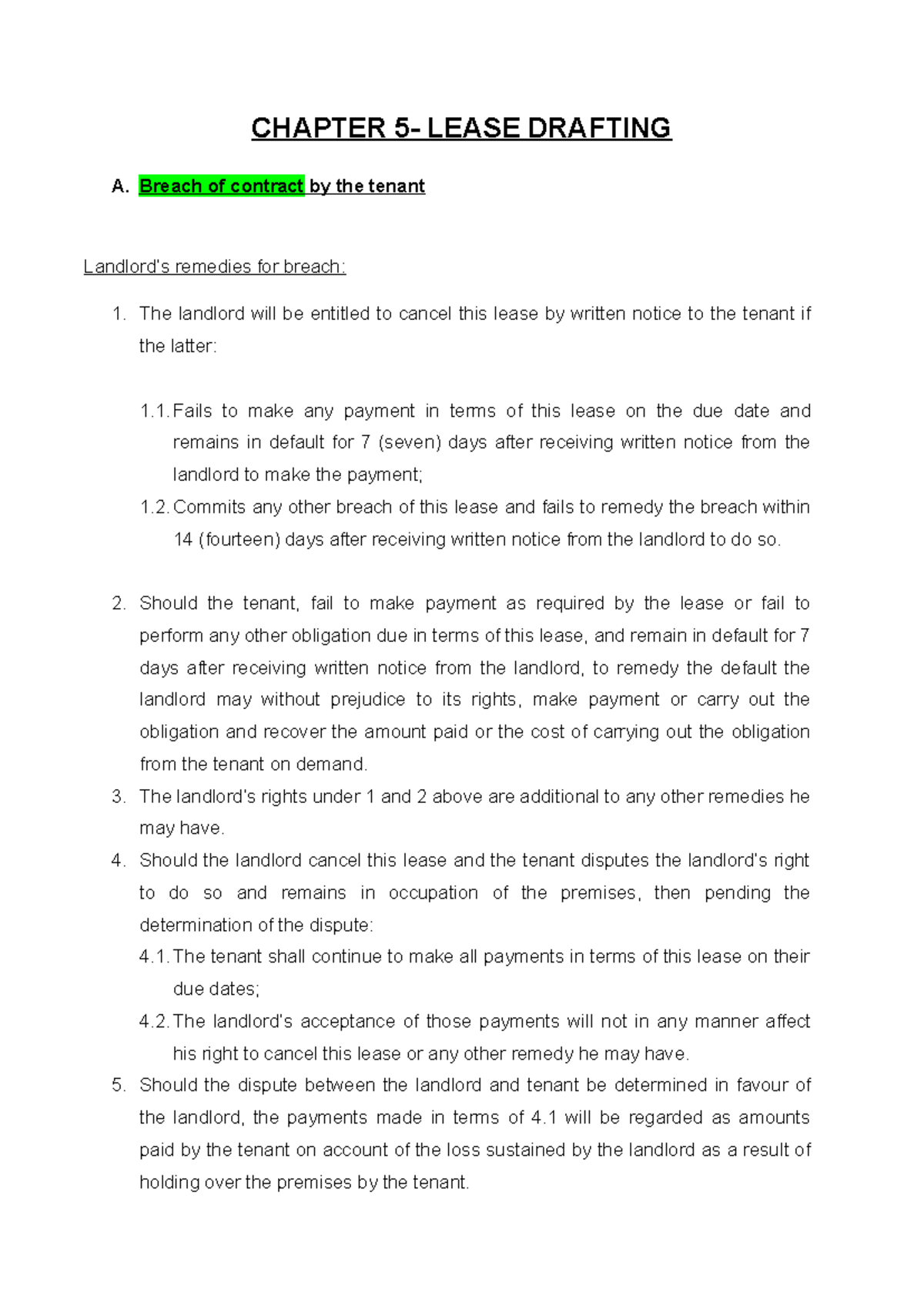 CHAPTER 5 - LEASE DRAFTING: Tenant Remedies & Obligations - Studocu