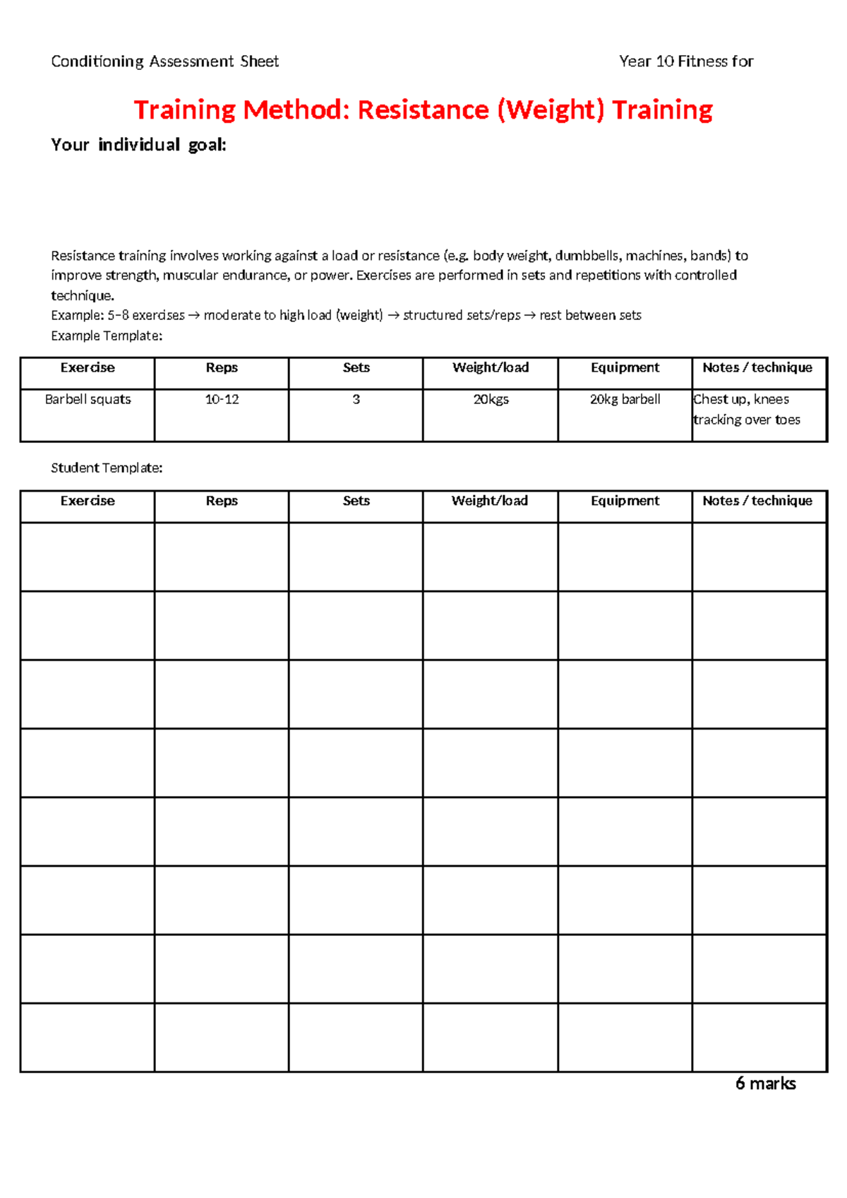 Resistance Training Template - Y10 FFU AT - Conditioning Assessment ...
