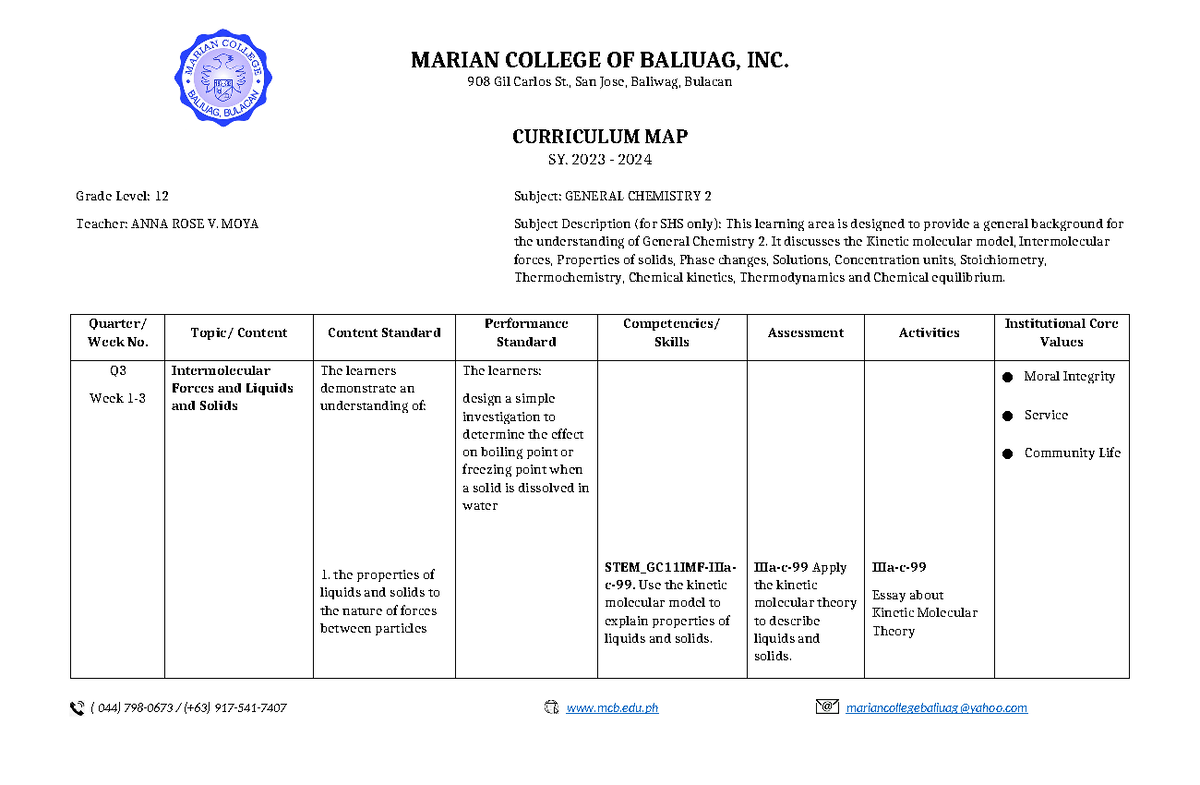 Curriculum Map for GENERAL CHEMISTRY 2 - G12 (SY 2023-2024) - Studocu