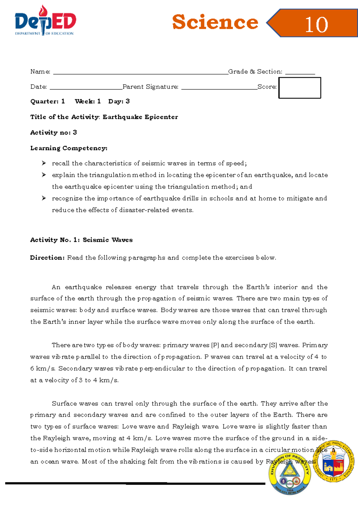 Science 10 - Q1 - Earthquake Epicenter Activity Guide - Studocu