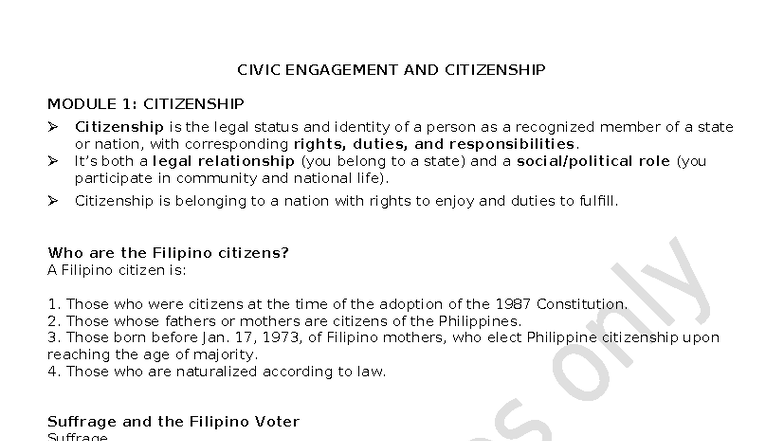 CIVIC ENGAGEMENT AND CITIZENSHIP REVIEWER (MODULE 1-5) - Studocu