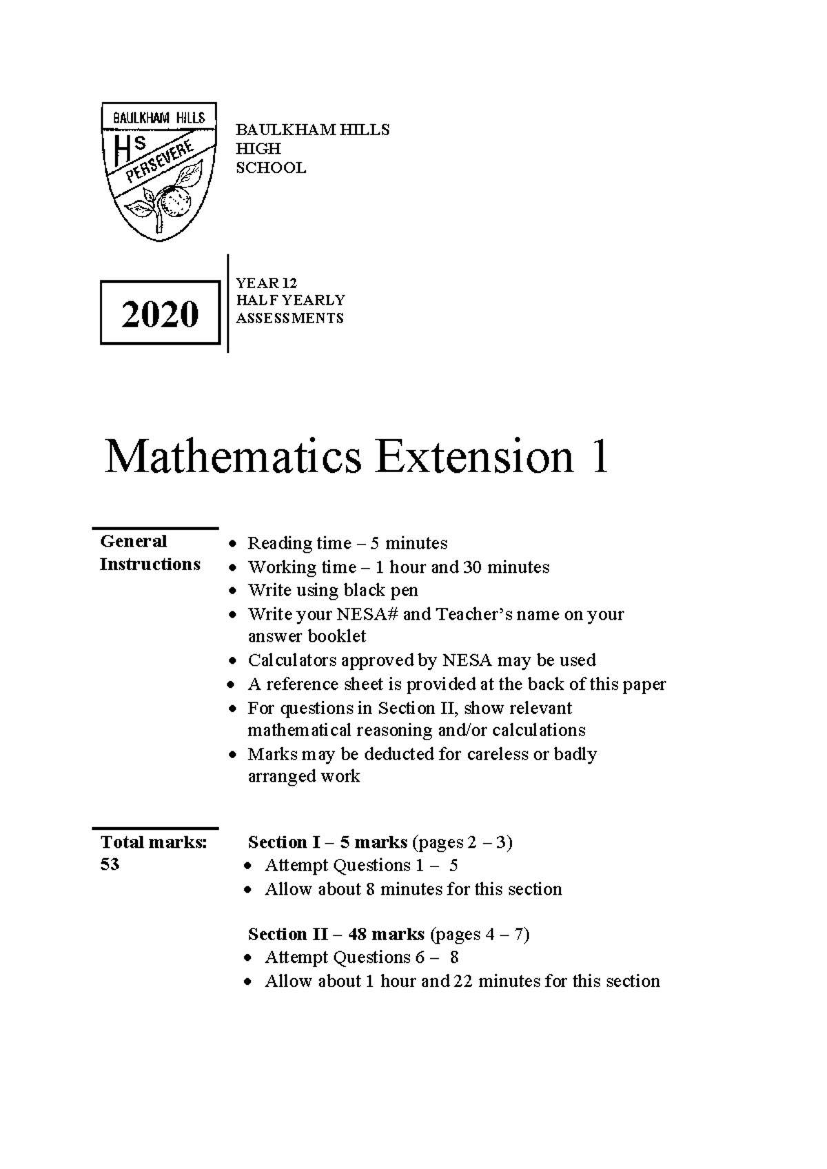 Year 12 Mathematics Extension 1 Half Yearly Exam 2020 - Studocu
