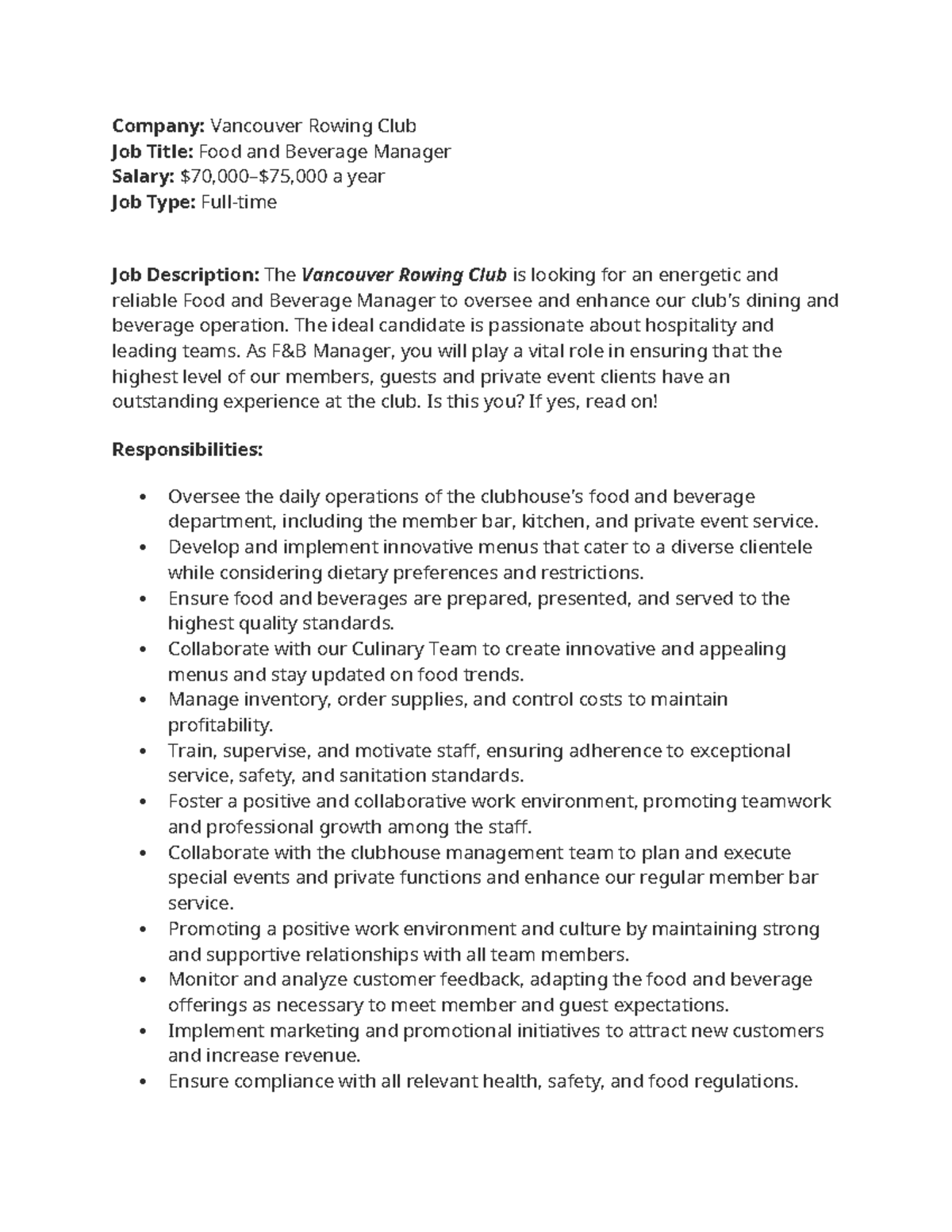 Job Description: Food & Beverage Manager - Vancouver Rowing Club - Studocu