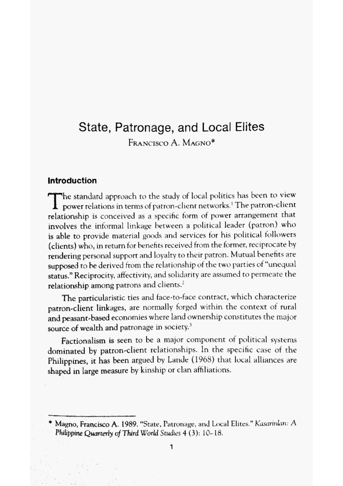"State Patronage and Local Elite Dynamics in Philippine Politics" - Studocu