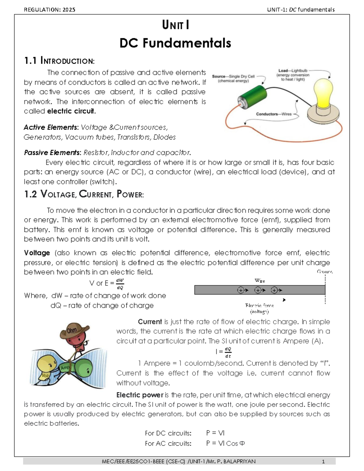 BEEE 2025: Unit 1 DC Fundamentals Study Notes - Studocu