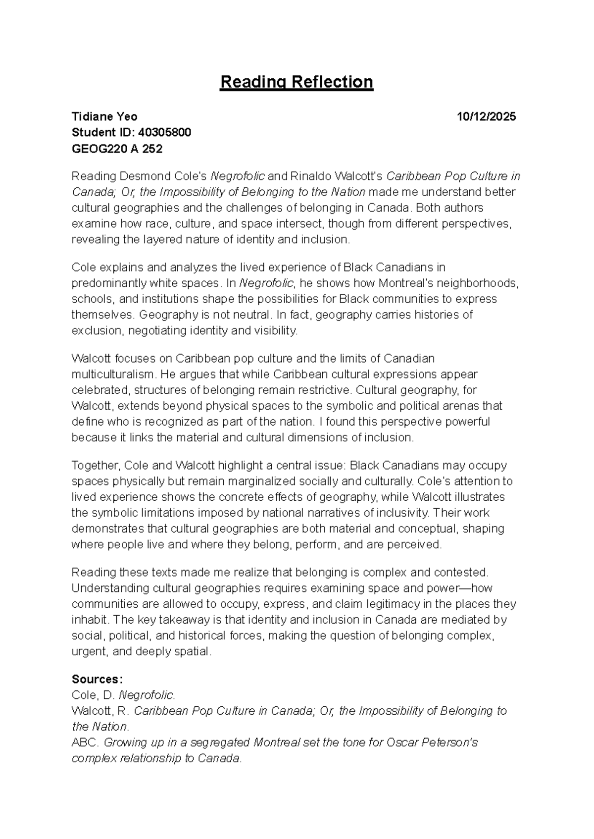 GEOG220 A 252 Reading Reflection on Cultural Geographies and Belonging ...