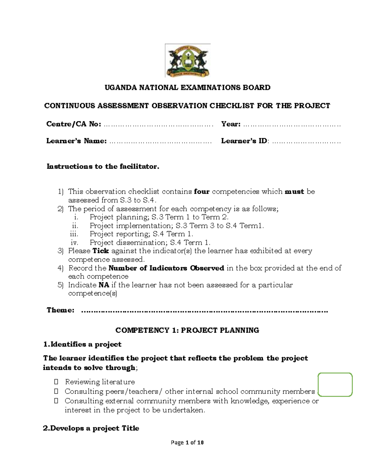 UNEB CA Project Observation Checklist: Competencies Assessment Guide ...