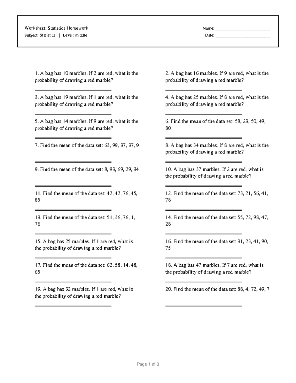 Statistics Homework Worksheet 8: Probability & Mean Calculations - Studocu