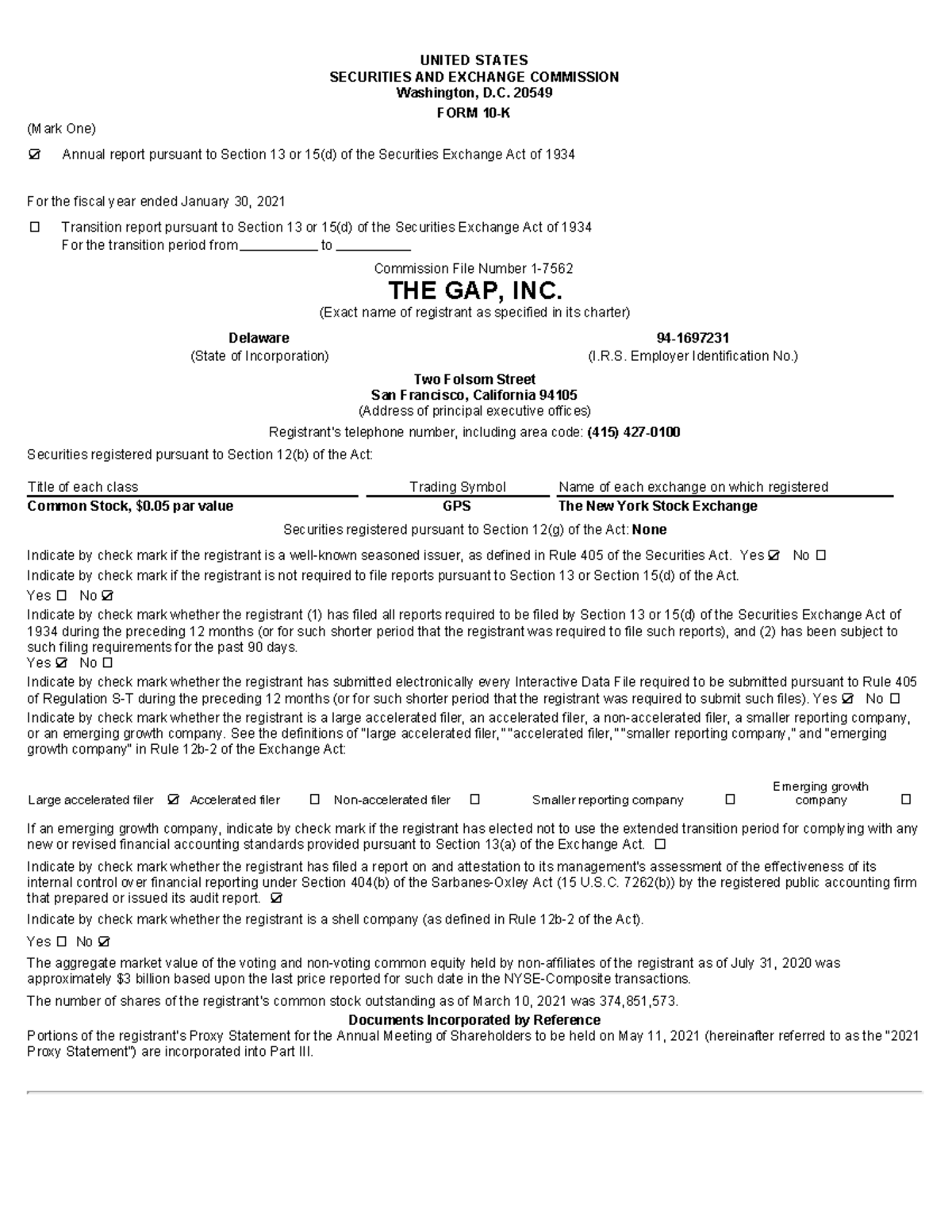 Gap 2020 10-K Analysis of Financial Statements - UNITED STATES ...