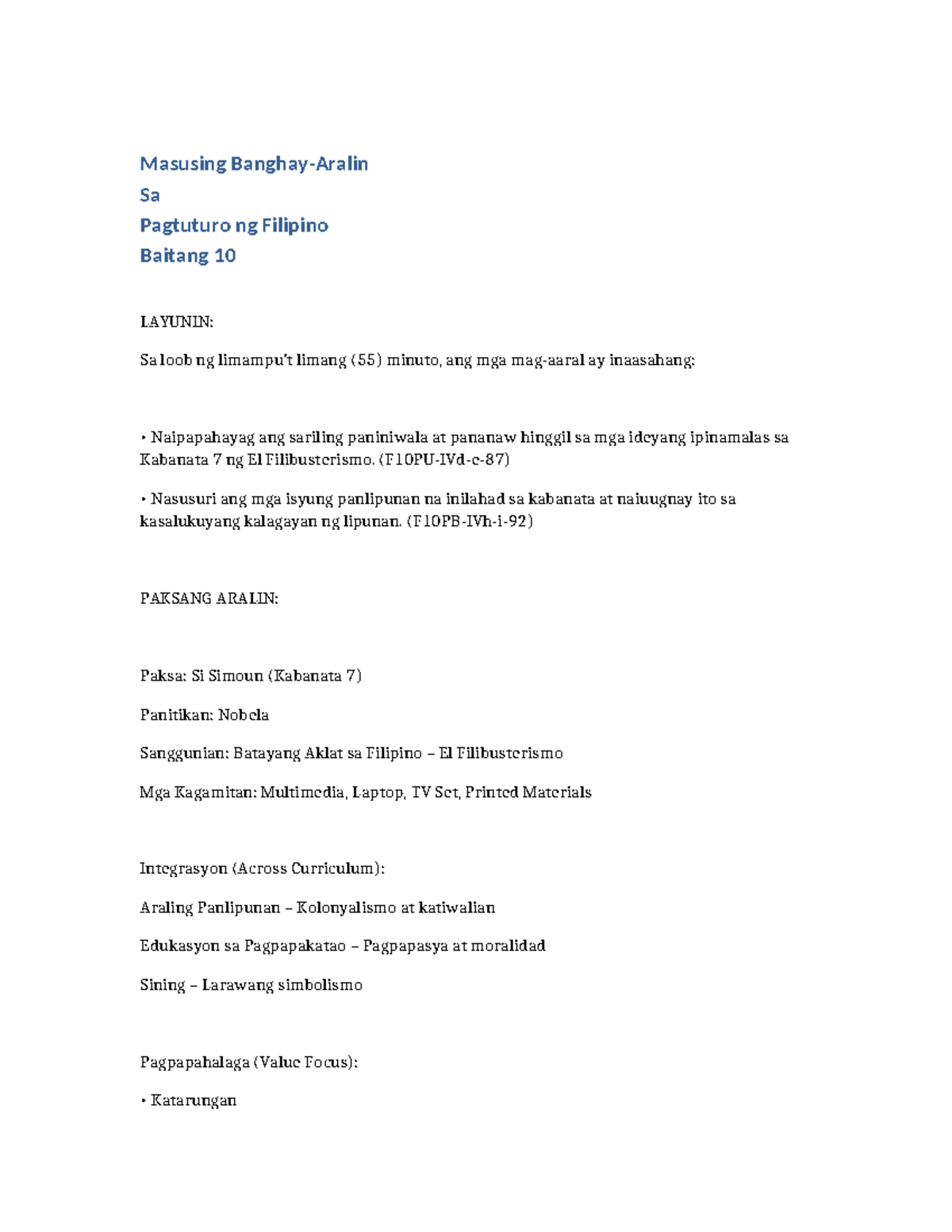Kabanata 7 Lesson Plan: Si Simoun sa El Filibusterismo (Filipino 10 ...