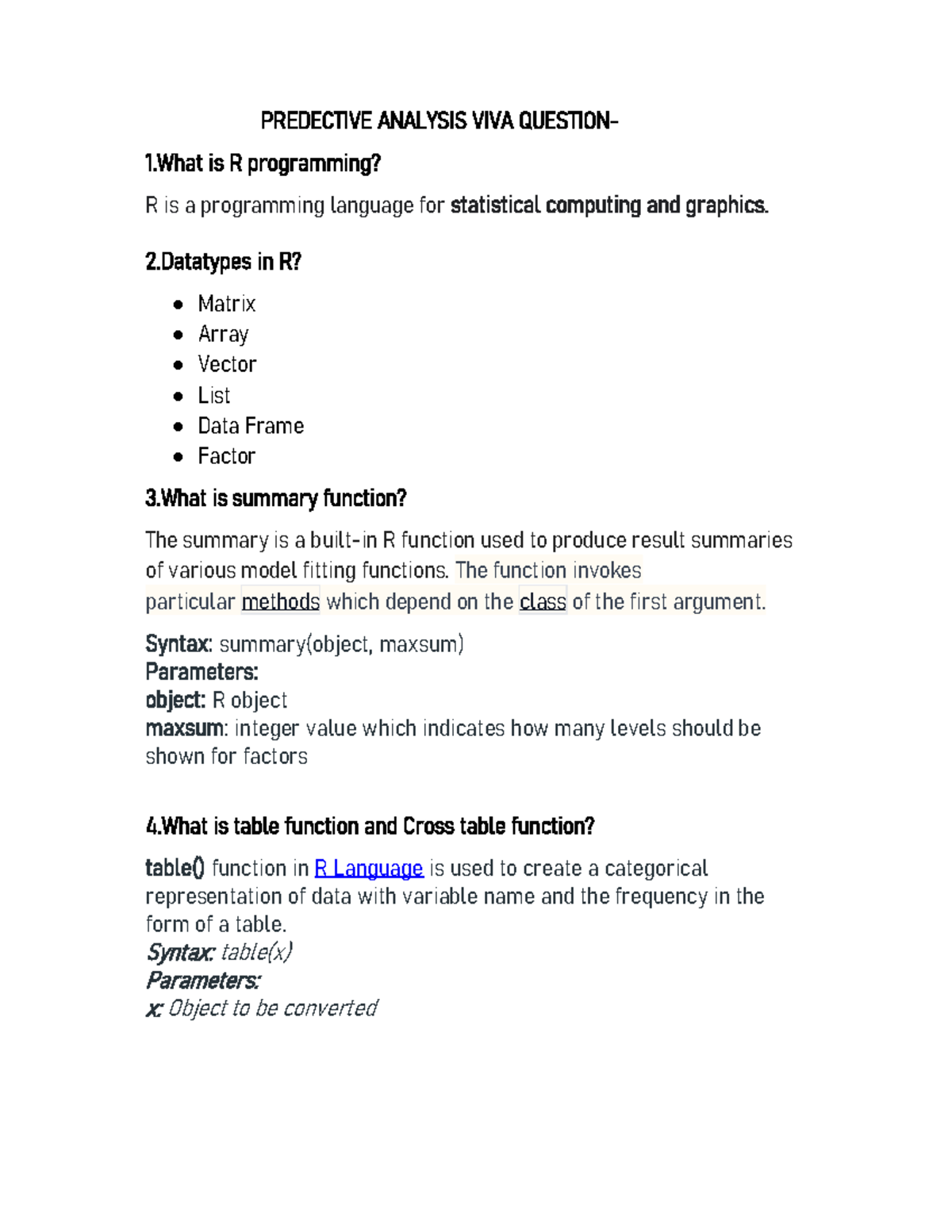 Predictive Analysis VIVA Notes for R Programming Concepts - Studocu