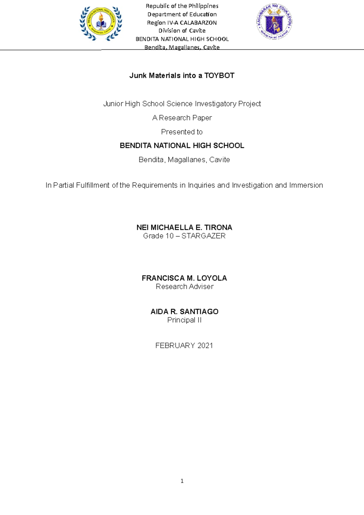 JHS Science Investigatory Project: Transforming Junk into Toybots - Studocu