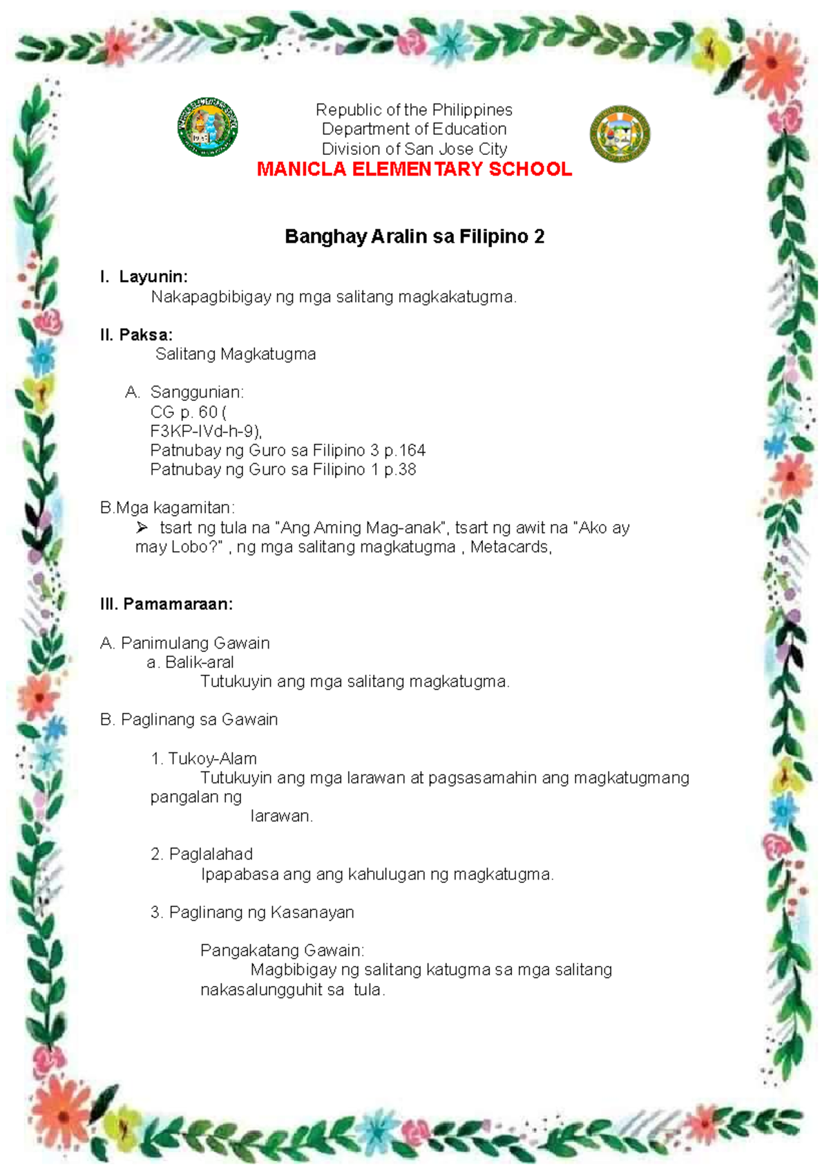 Banghay Aralin sa Filipino 2 - Republic of the Philippines Department ...