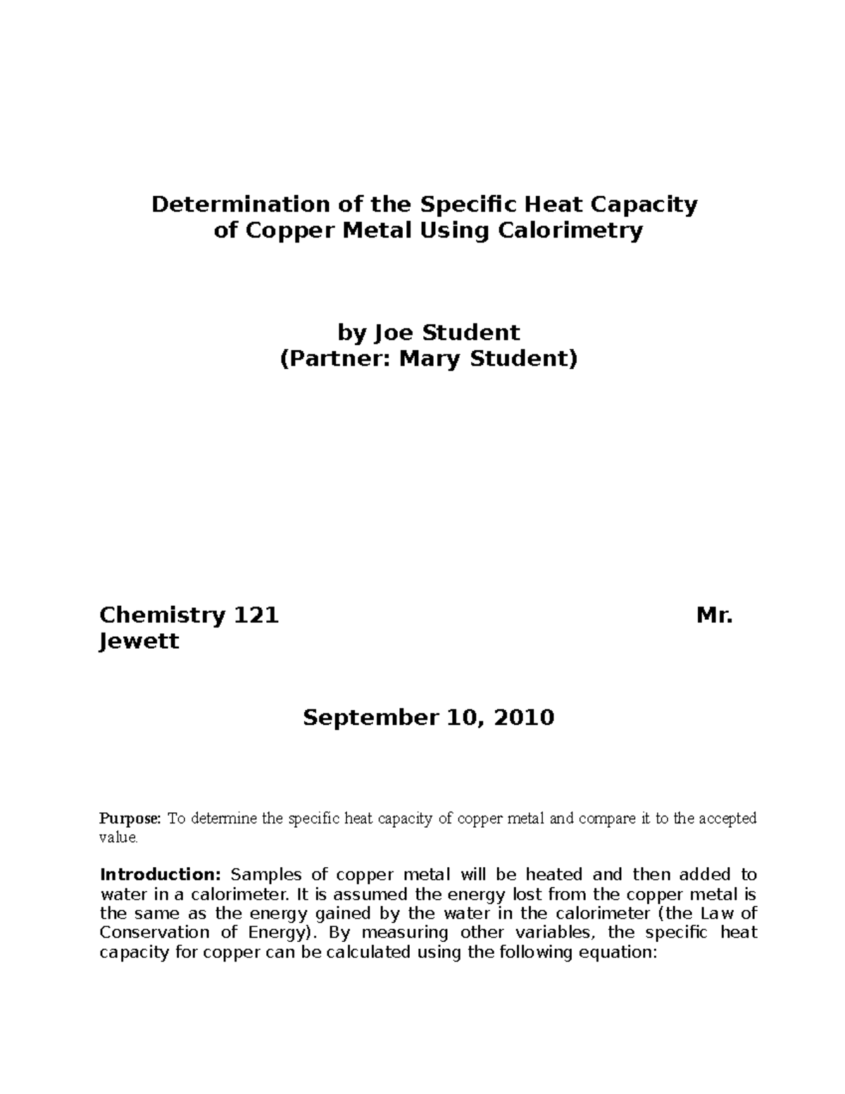 Chemistry 121 Lab Report: Specific Heat Capacity of Copper - Studocu