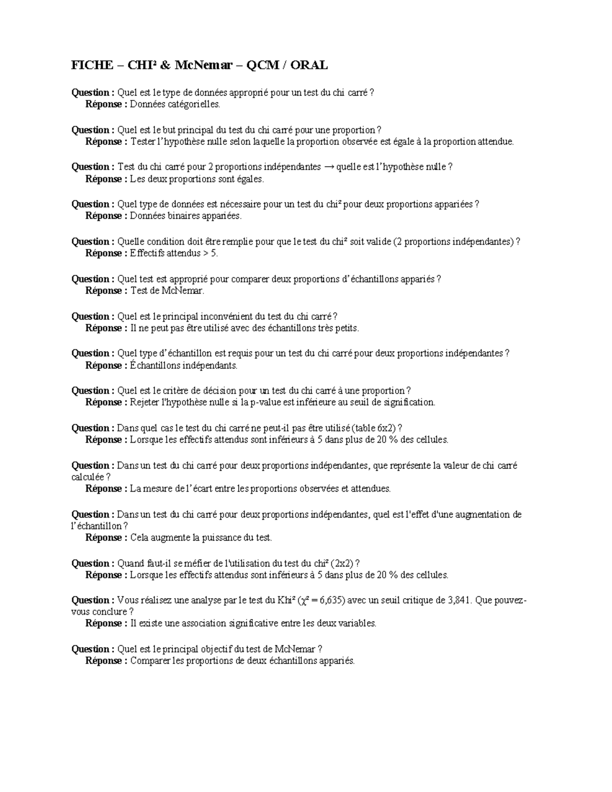 FICHE QCM FICHE CHI² McNemar: Test du Chi Carré et Proportions - Studocu